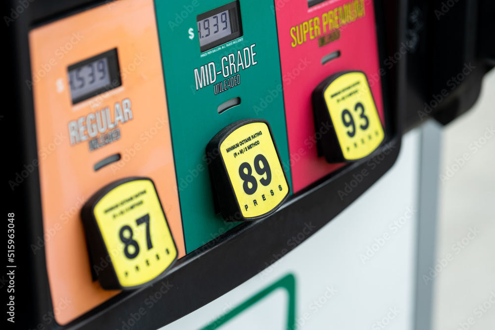 Fuel options at a gas pump at an American gas station fuel petrol oil ...