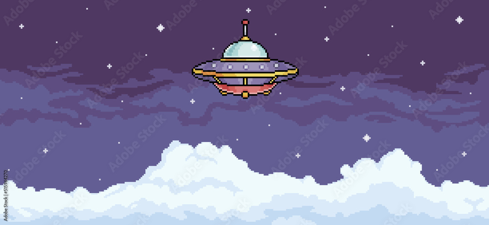 Pixel art UFO in the cloudy sky. Alien spaceship flying in the night ...