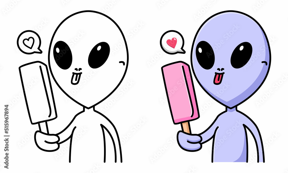 Cute alien eating ice cream coloring page for kids Stock Vector | Adobe ...