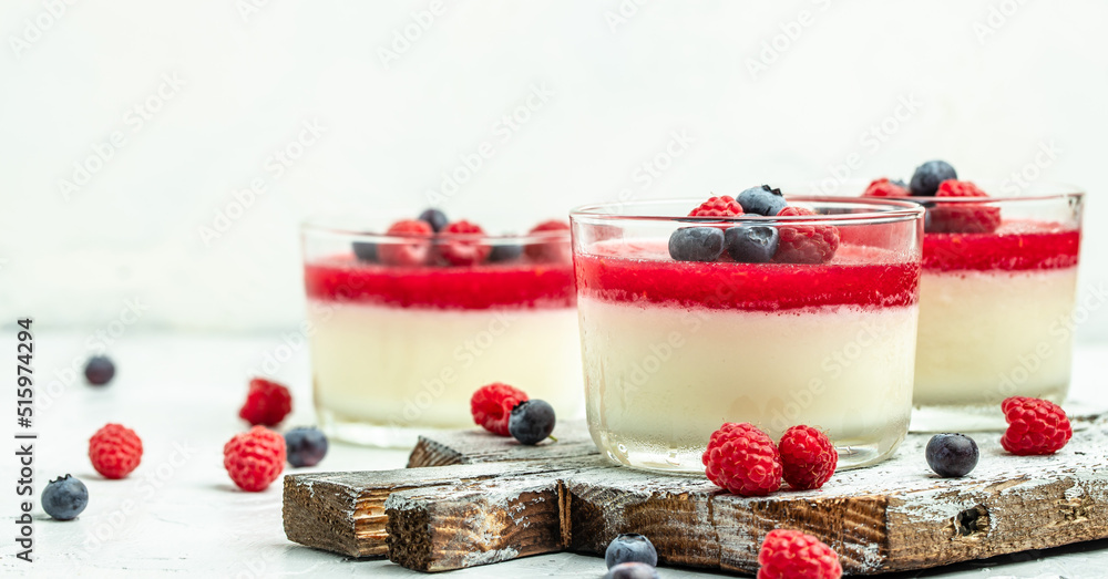 Italian dessert. Raspberry Panna cotta with raspberry jelly on a light ...
