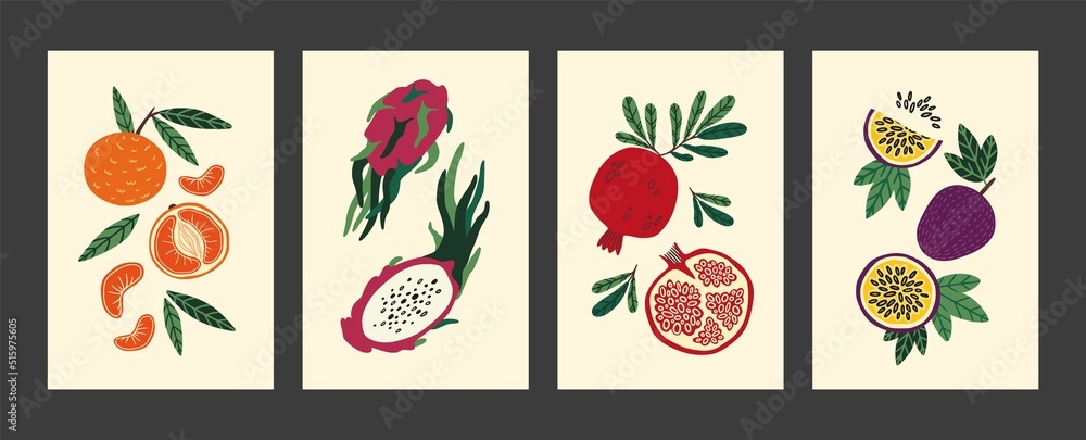 Abstract fruit poster. Modern food art, vintage hand drawn print of ...