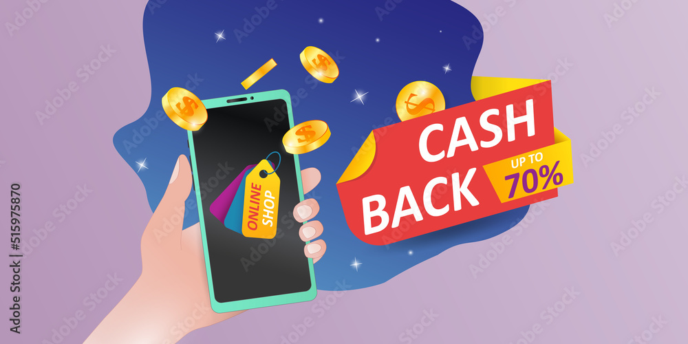 Money bonus banner. Cashback promotion. Smartphone in hand with web ...