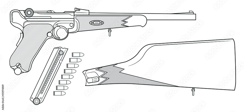 Vector illustration of the P08 Luger german automatic pistol with long ...