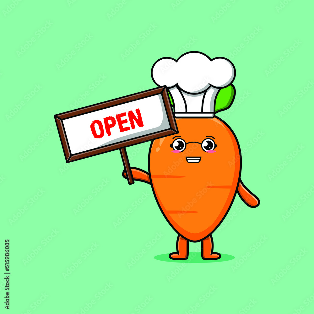 Cute cartoon carrot chef character holding open sign board designs in ...