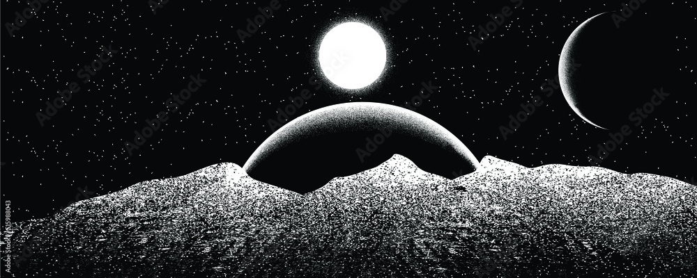 Star and planet in space. Futuristic landscape, with noise texture ...