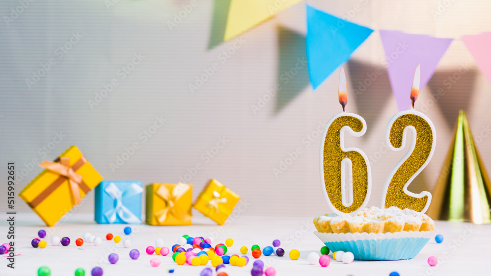 Happy birthday card from candles with the number 62, golden numbers ...