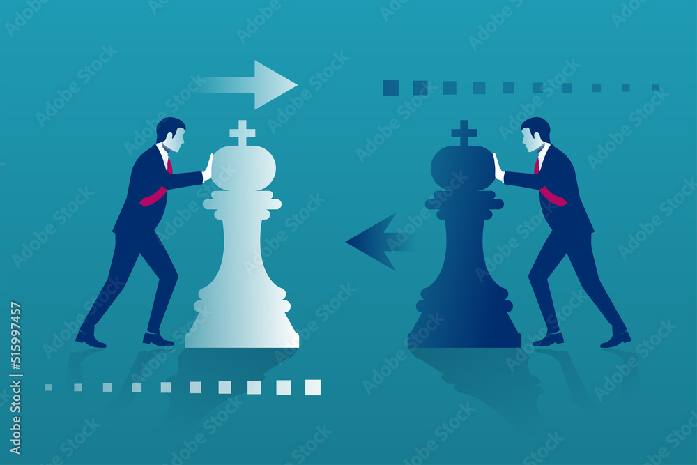 Business competition concept. Businessmen hold chess pieces in hands of ...