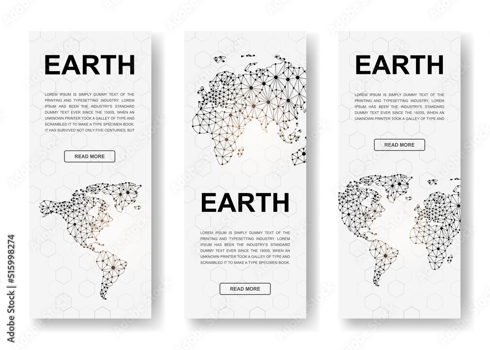 Set of three World Map polygonal vertical banners. 3d Earth planet low ...