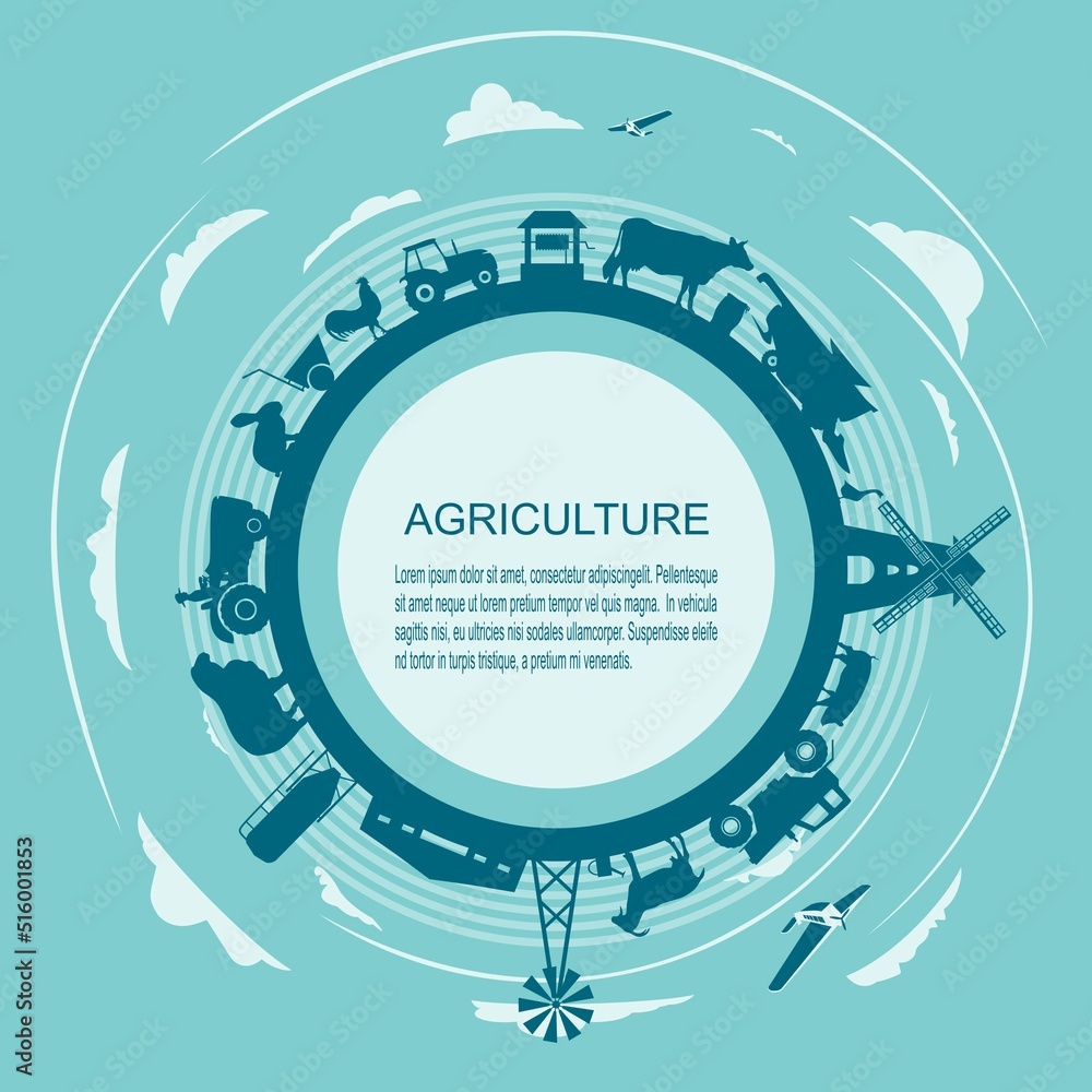 Circle with agricultural icons. Objects located around the circle ...