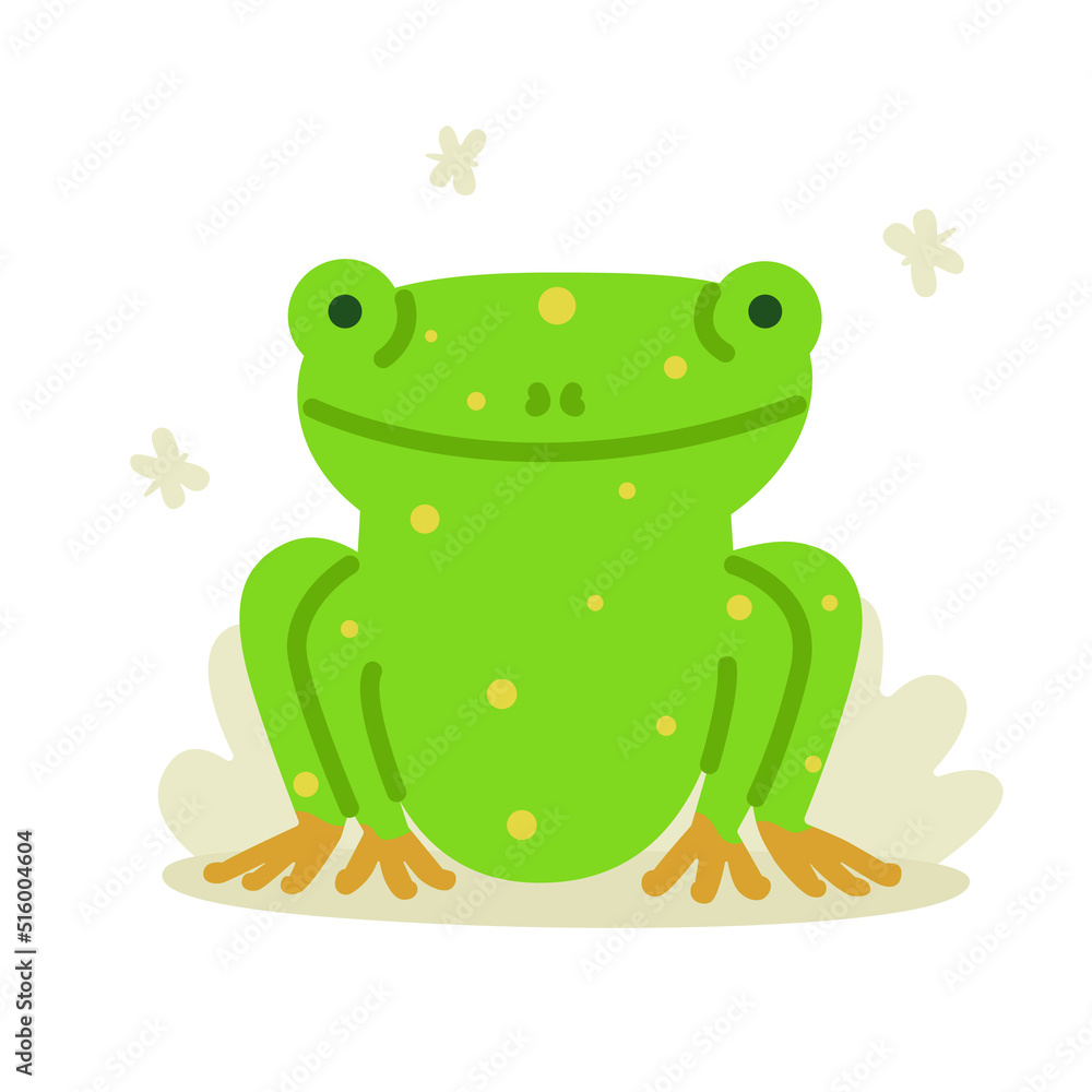 Green exotic frog vector illustration. Flat spotted toad with red legs ...