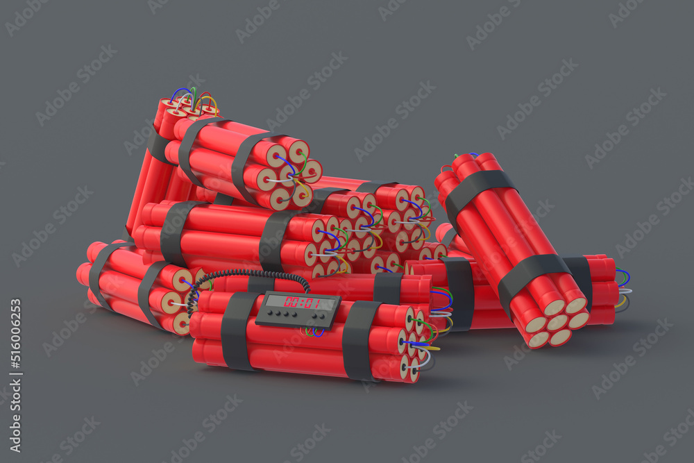 Many dynamite bombs with digital timer on black background. 3d ...