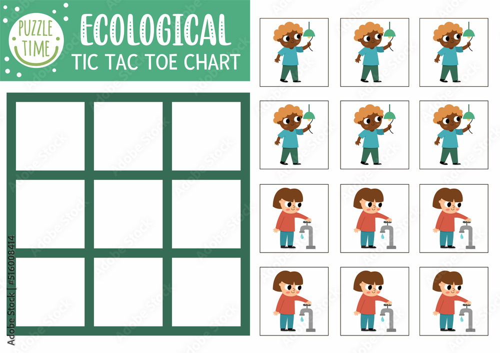 Plakát Vector ecological tic tac toe chart with cute kids saving water ...