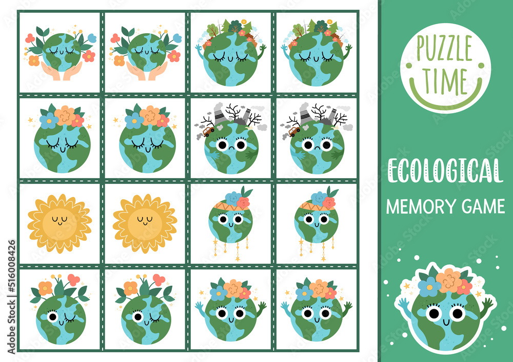 Vector ecological memory game cards with cute planets. Eco awareness ...