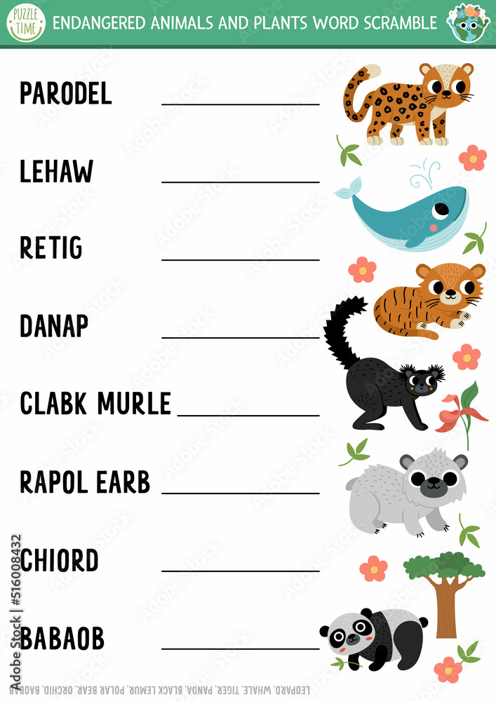 Vector extinct animals and plants word scramble activity page. English ...