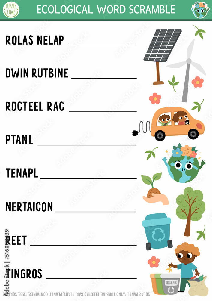 Vector ecological word scramble activity page. English language game ...