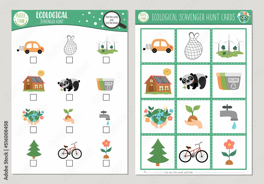 Vector ecological scavenger hunt cards set. Seek and find game with ...