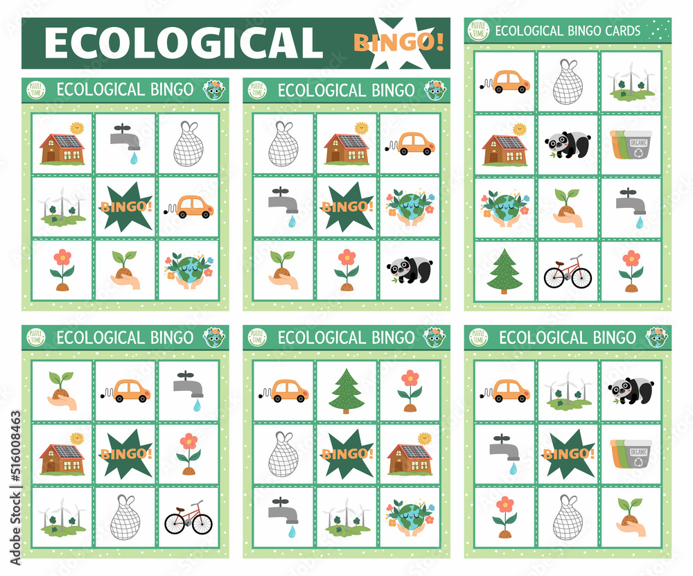 Vector ecological bingo cards set. Fun family lotto board game with ...