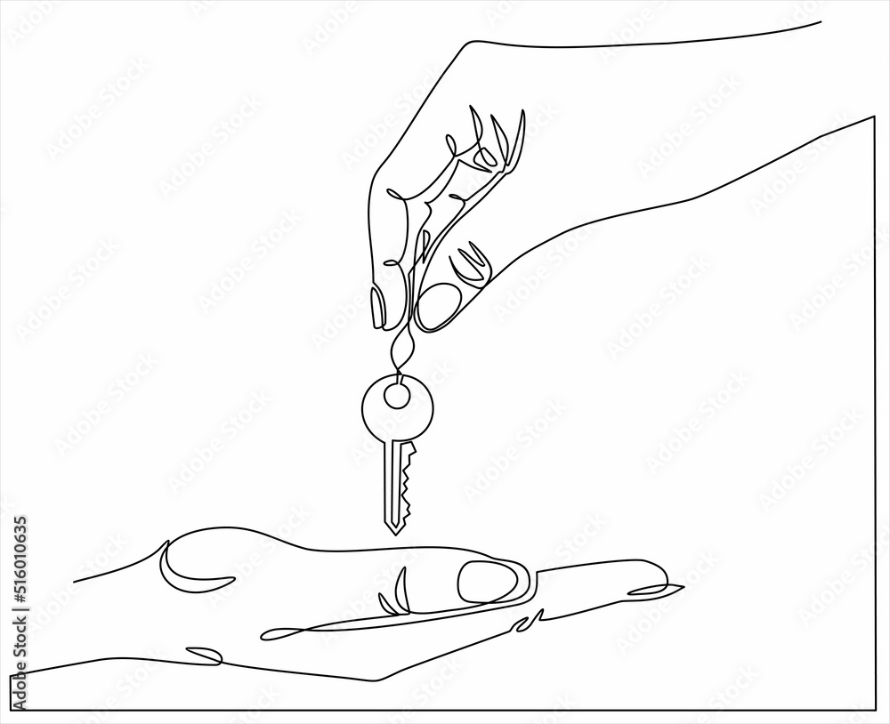 Continuous line drawing of hand giving keys to the car or apartment ...