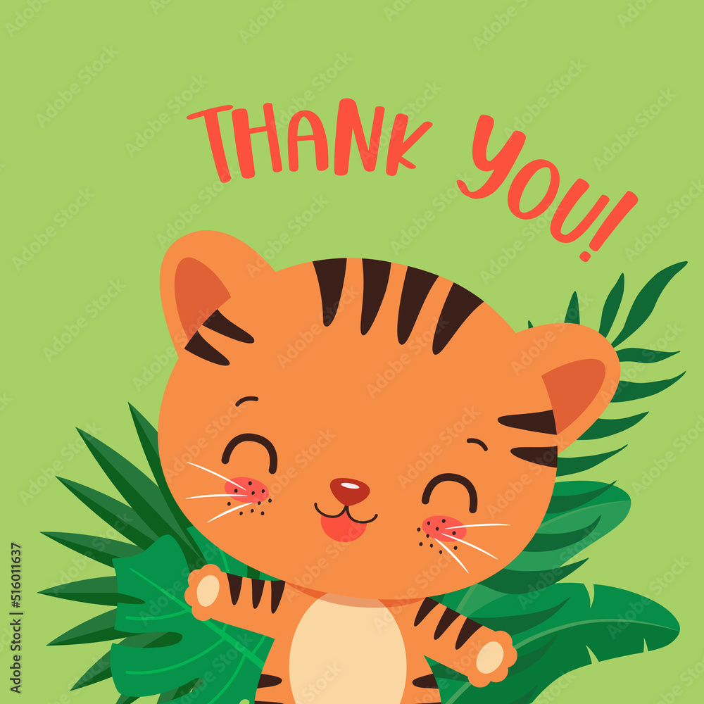 Safari card with cute tiger cub character. Kawaii tiger waving hand and ...