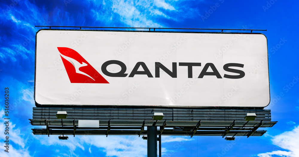 Advertisement billboard displaying logo of Qantas Airways Stock Photo ...