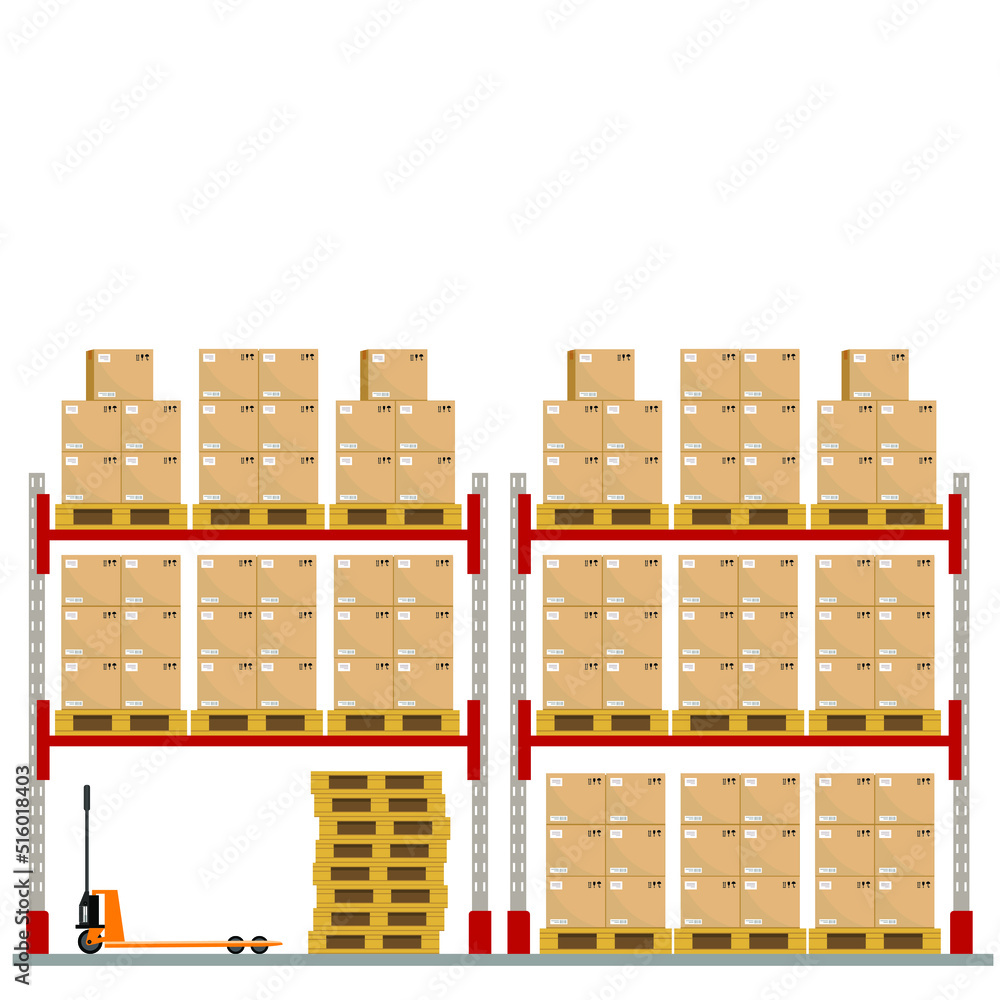 Metal racks for a warehouse with boxes on pallets. Flat design, front ...