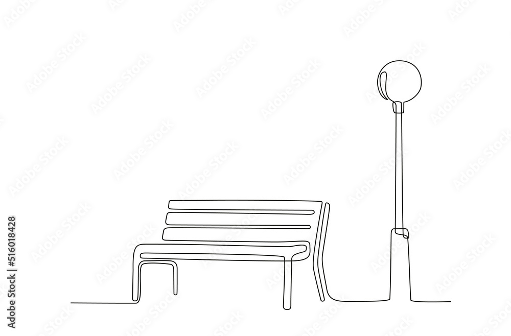 Vecteur Stock One line drawing of Bench and lantern in park. Continuous ...