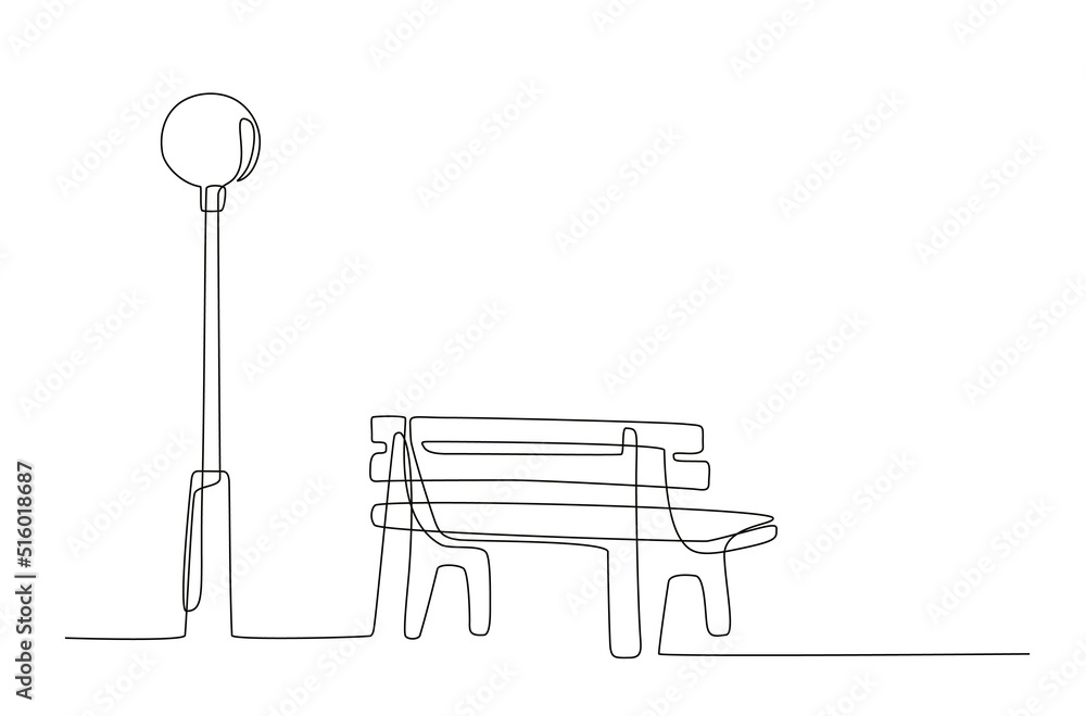 Continuous line drawing of Bench and lantern in park. Line art style ...