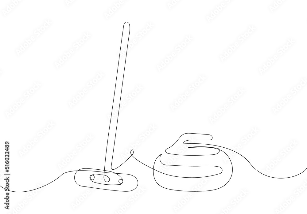 Curling set with broom and stone one line art. Continuous line drawing ...