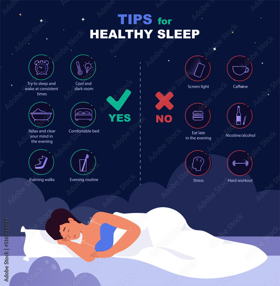 Healthy sleep tips infographic. Causes of insomnia and good sleep rules ...