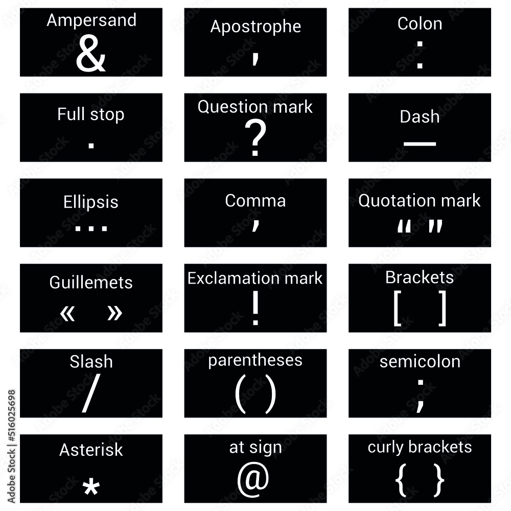 list of punctuation marks in English grammar vector illustration on ...