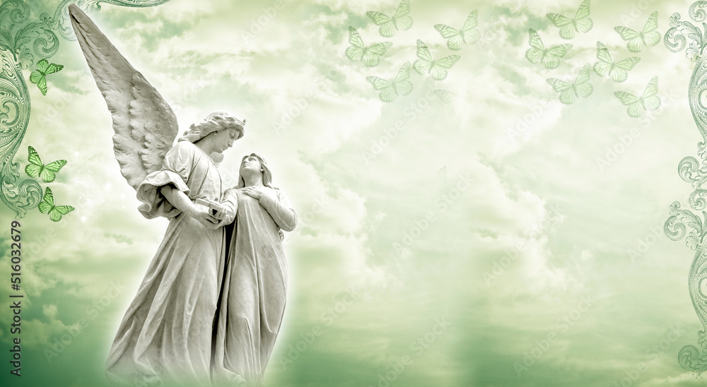 guardian angel with a woman and romantic sky with butterflies ...