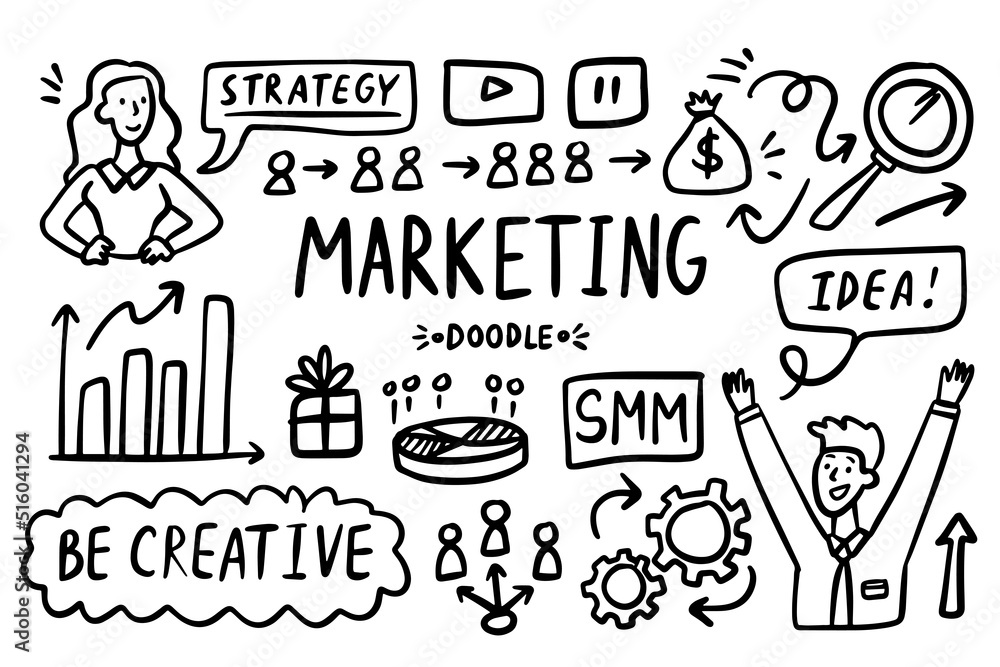 Marketing doodle vector set. Simple sketch outline office planning ...