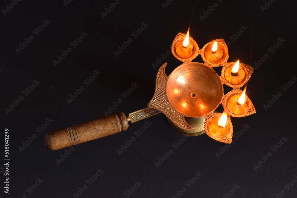 Beautiful decorative pancha pradip top view with isolated black ...