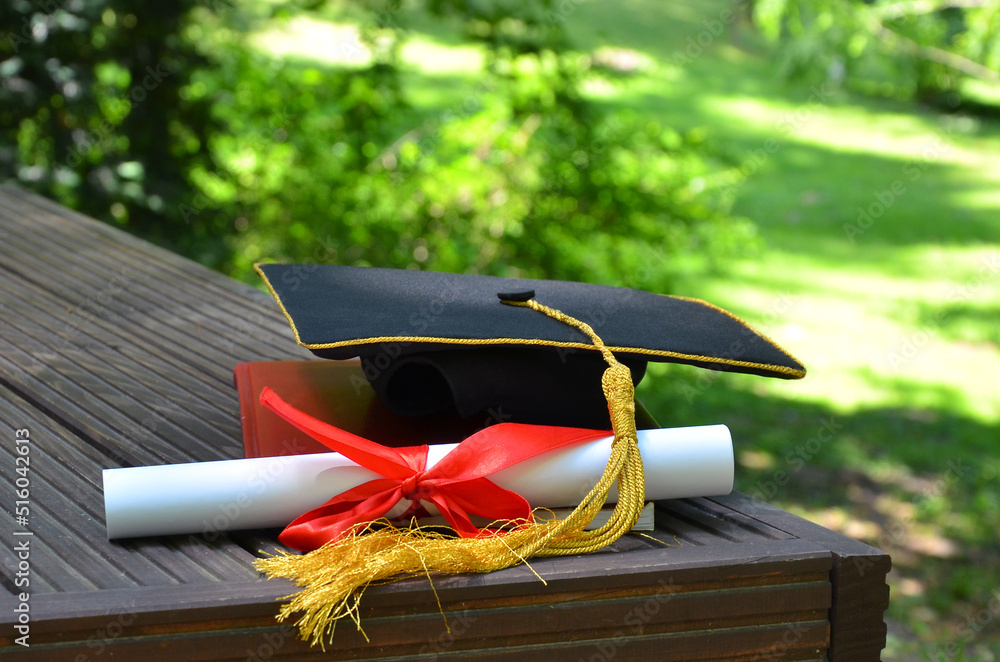 Graduation hat , diploma and a book on a a bench against green summer ...