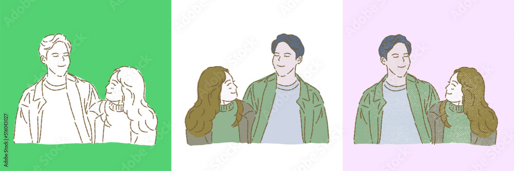 Set of young happy couple cartoon characters smiling, looking each ...