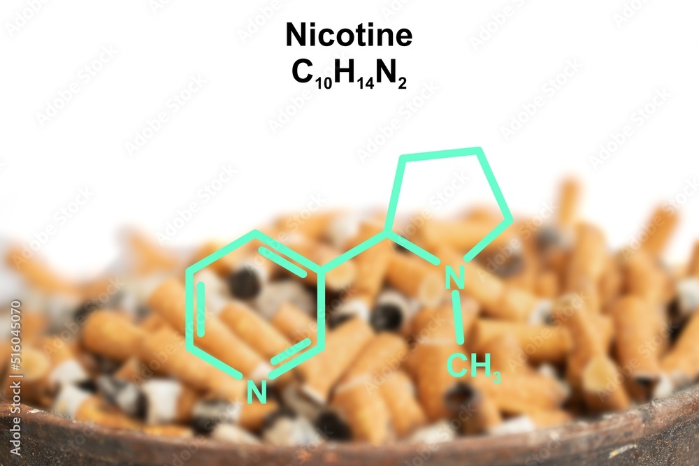 Structural formula of nicotine. Pot of cigarette stubs in heavily ...