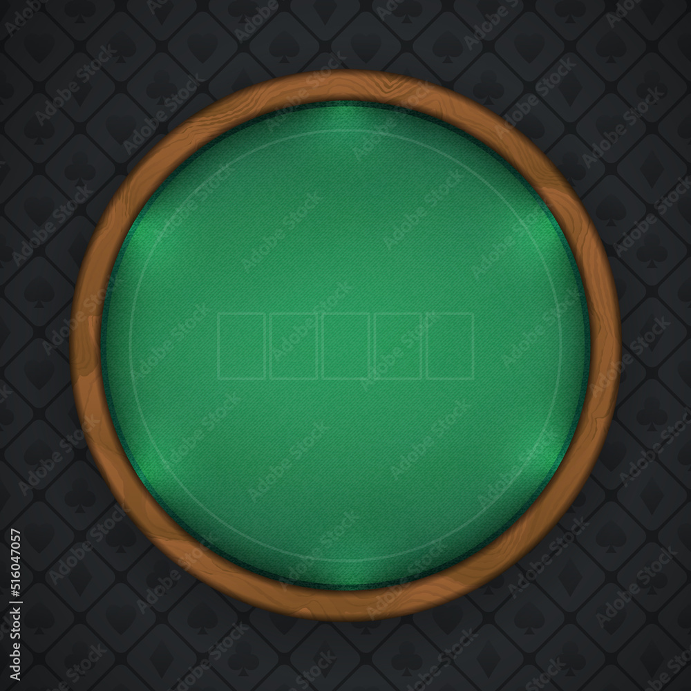 Poker table with round textured wooden frame on a dark background ...