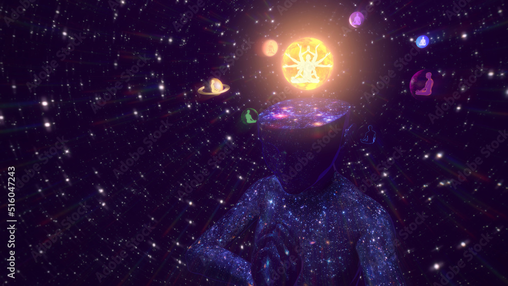 3d illustration of the cosmic god Manu praying to Brahma in the form of ...