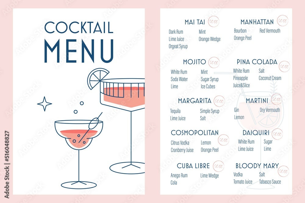 Vector cocktail menu for restaurants bars with cocktails price list and ...