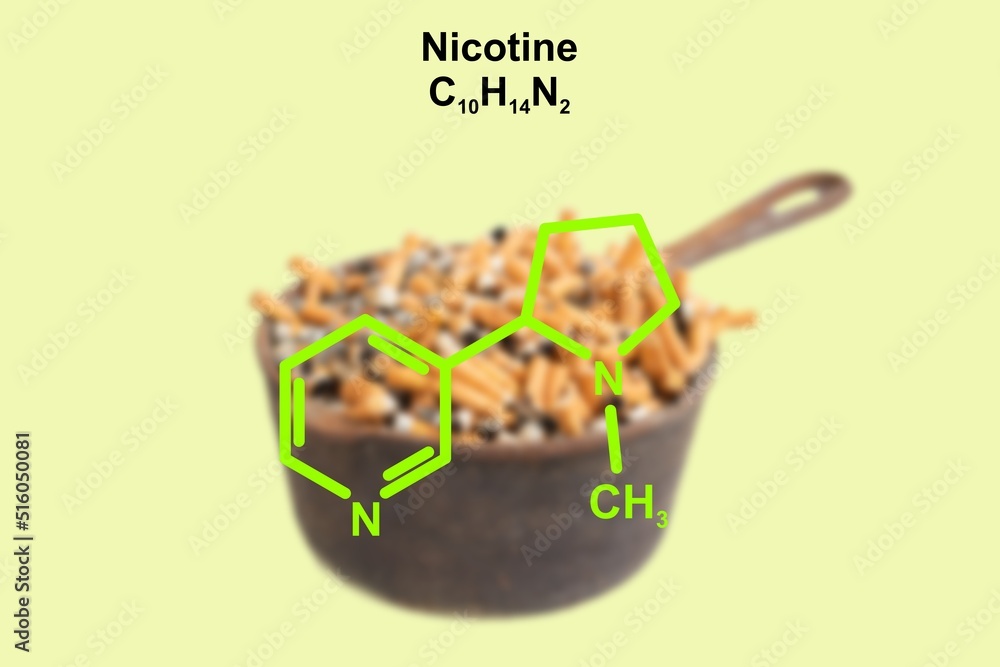 Structural formula of nicotine. Heavily blurred rusty cigarette pot ...