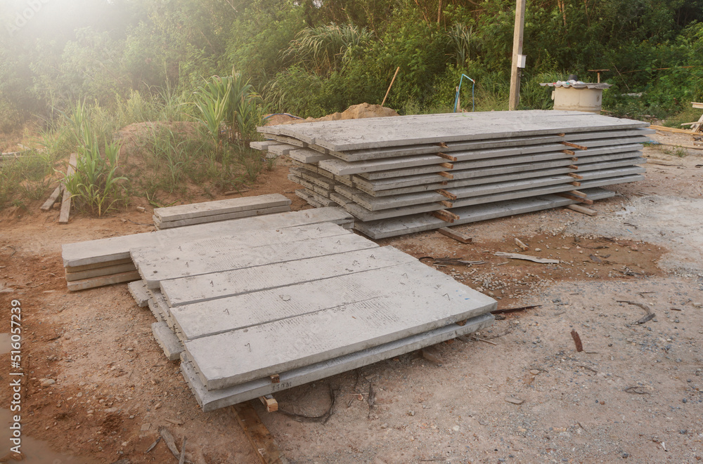 Stacked concrete plank panel on construction site. The solid ...