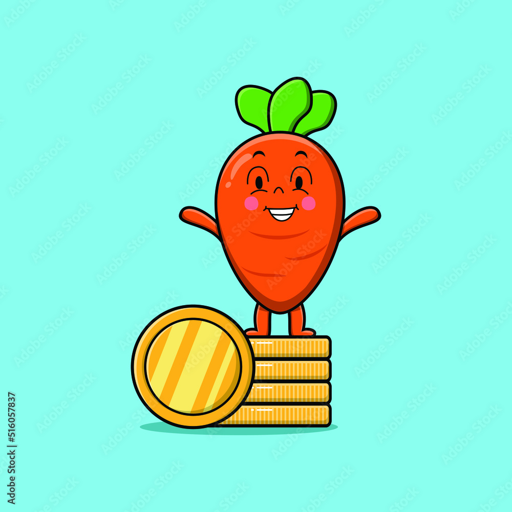 Cute cartoon carrot character standing in stacked gold coin vector ...