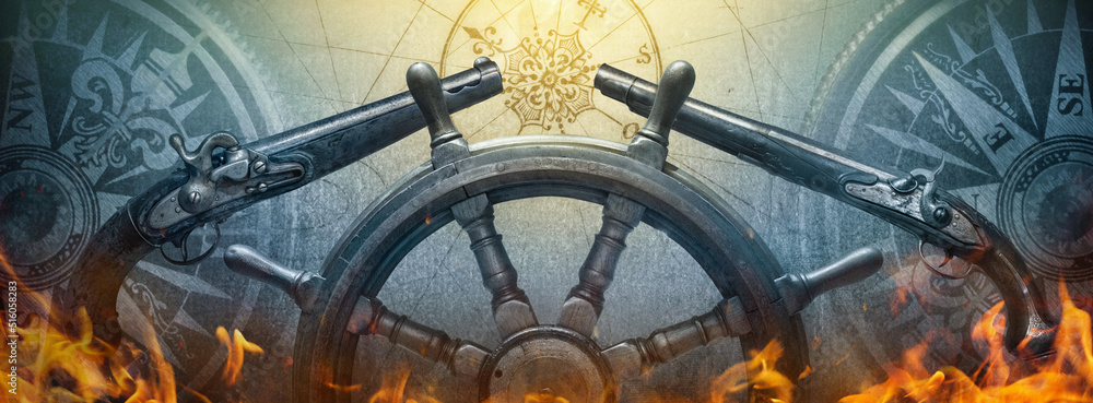 Ship's helm, pirate pistols and an old compass, ancient map. Background ...