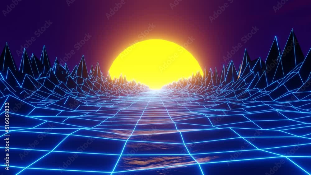 4K 80s retro background, loop animation. Retrowave, 3d landscape with ...
