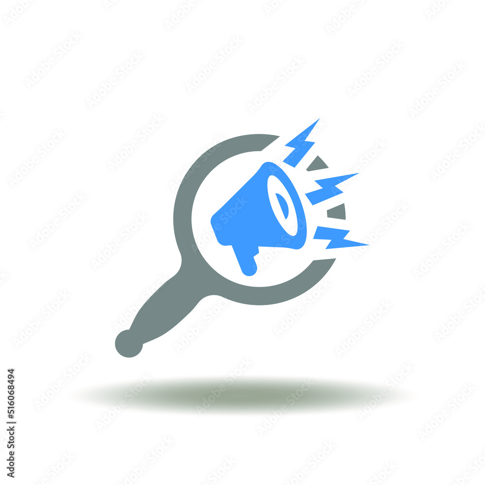 Vector illustration of magnifier with speaker Icon of fake news. Symbol ...