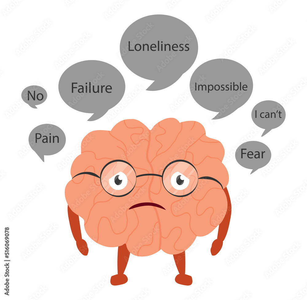 Cartoon brain kawaii cute character with negative thinking tag clouds ...