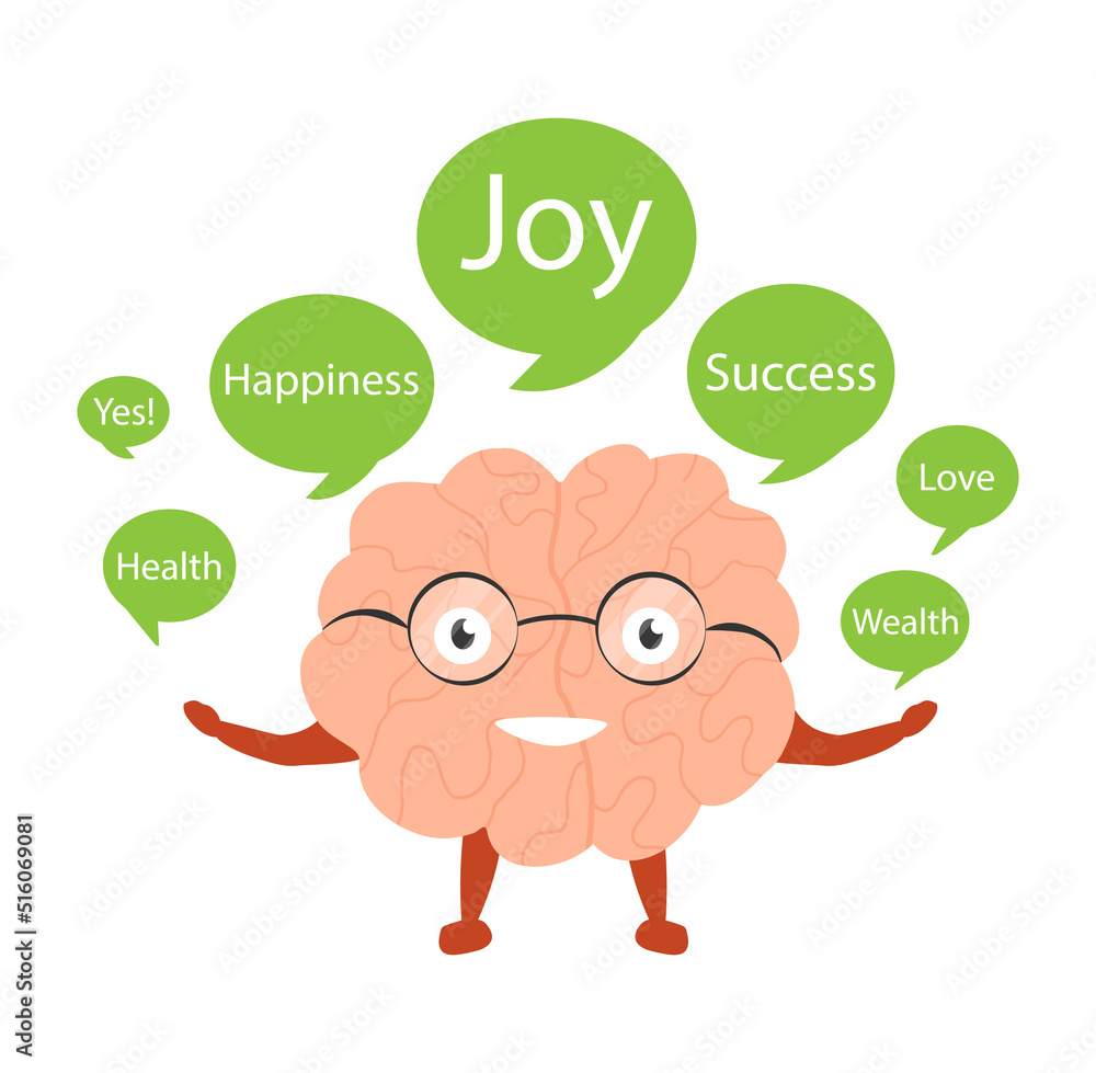 Cartoon brain kawaii cute character with positive thinking tag clouds ...