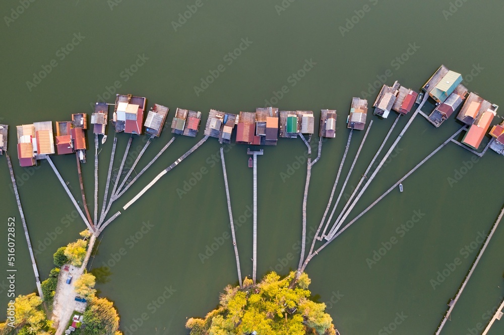 Drone photo of the famous tourist attraction: fisherman cabin, floating ...