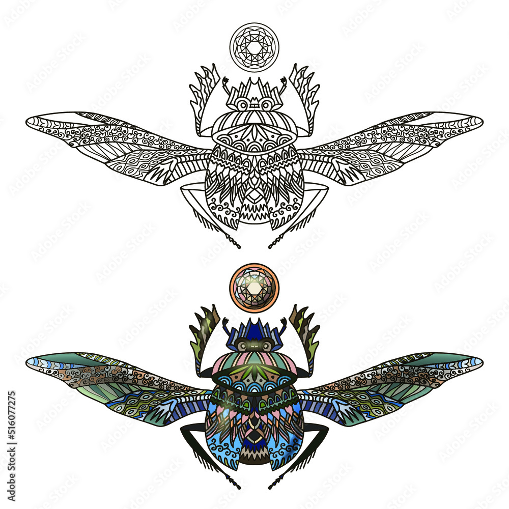 Decorative flying scarab beetle with diamond for coloring. Isolated ...