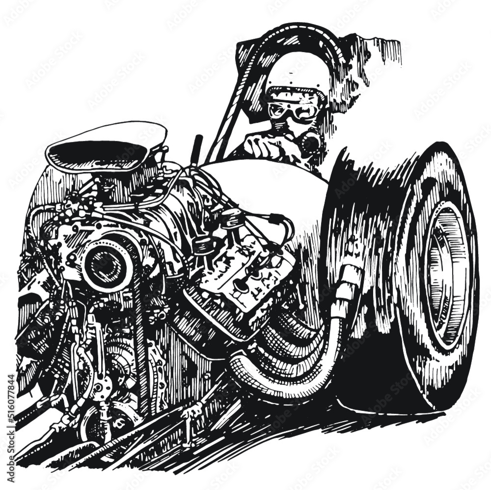 Illustration of a front engine vintage nitro burning drag racing car ...